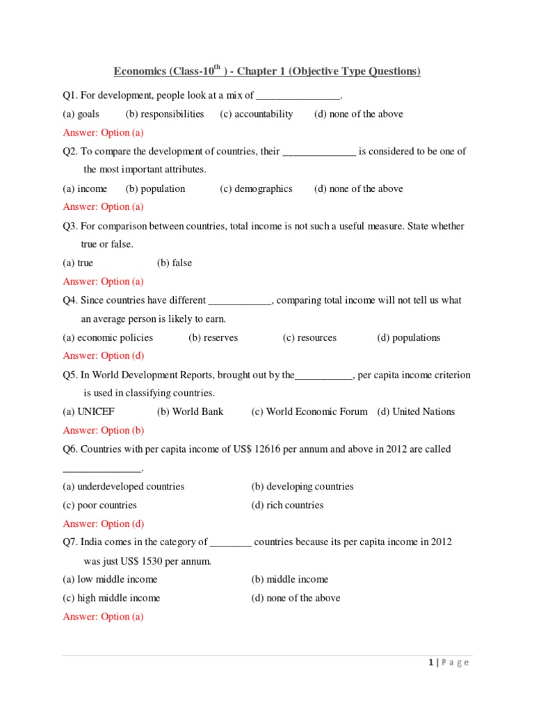 Economics - (Class-10th) Objective Type Questions - 093112 | PDF ...