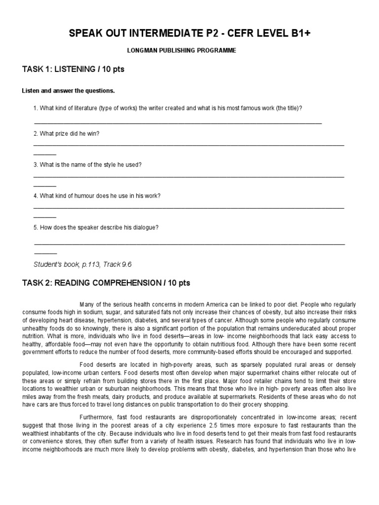 Speak Out Intermediate - Final P2 | PDF | Food And Drink | Nutrition
