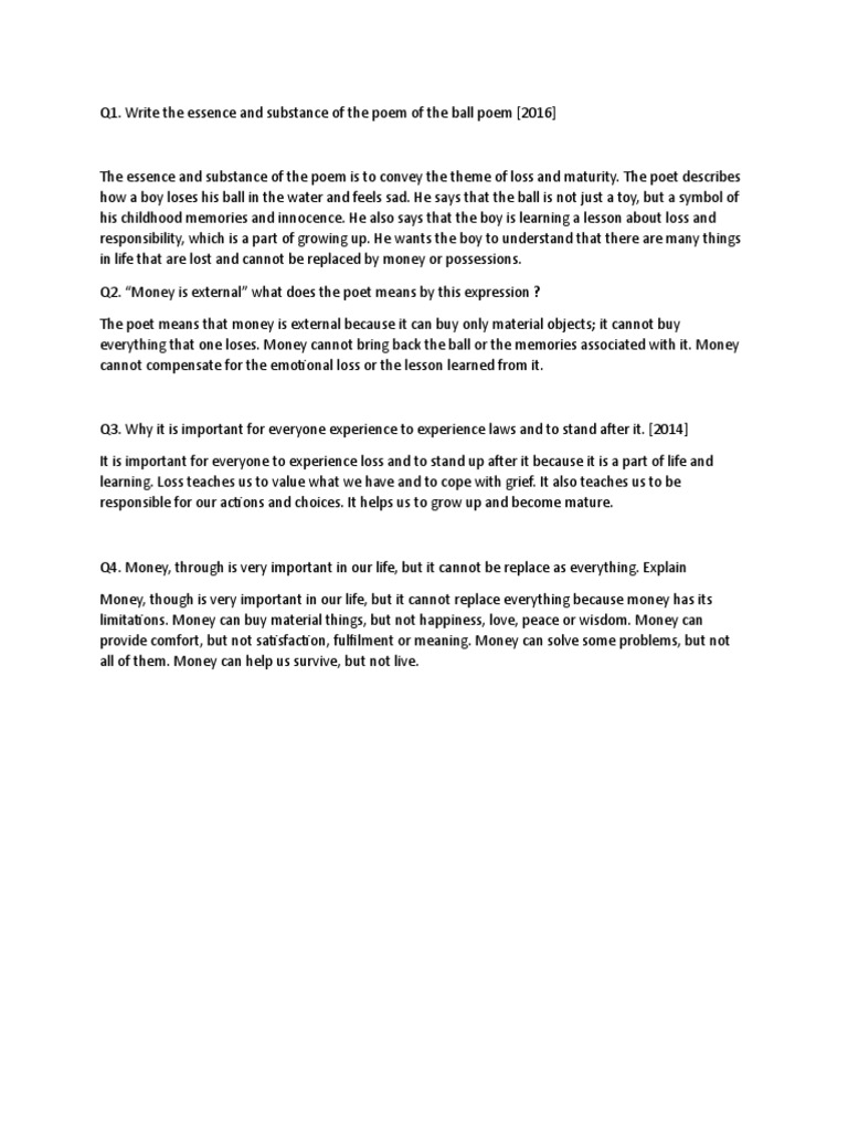 Chapter 3 The Ball Poem First Flight English Question and Answer | PDF