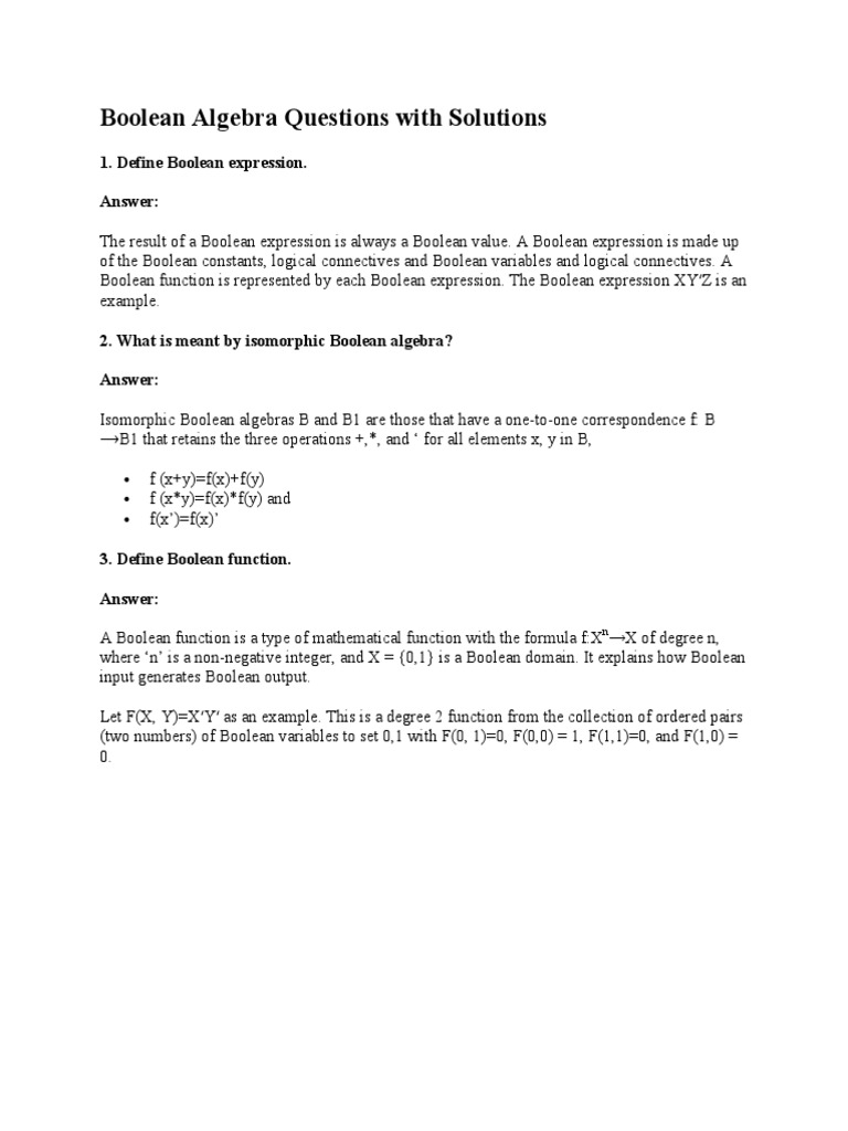Boolean Algebra Questions With Solutions | PDF | Boolean Algebra ...