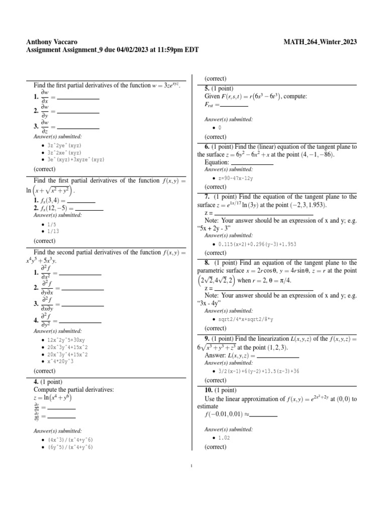 Anthony Vaccaro MATH 264 Winter 2023 Assignment Assignment 9 Due 04/02/2023 at 11:59pm EDT | PDF ...