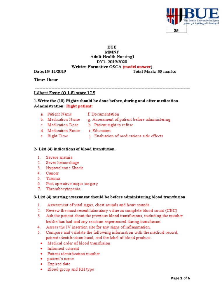 Model Answer of Formative Written OSCA | PDF | Intravenous Therapy ...