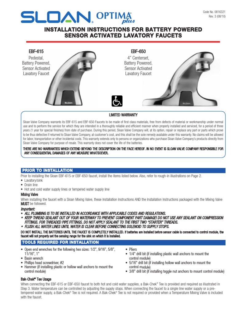Installation Instructions For Battery Powered Sensor Activated Lavatory ...