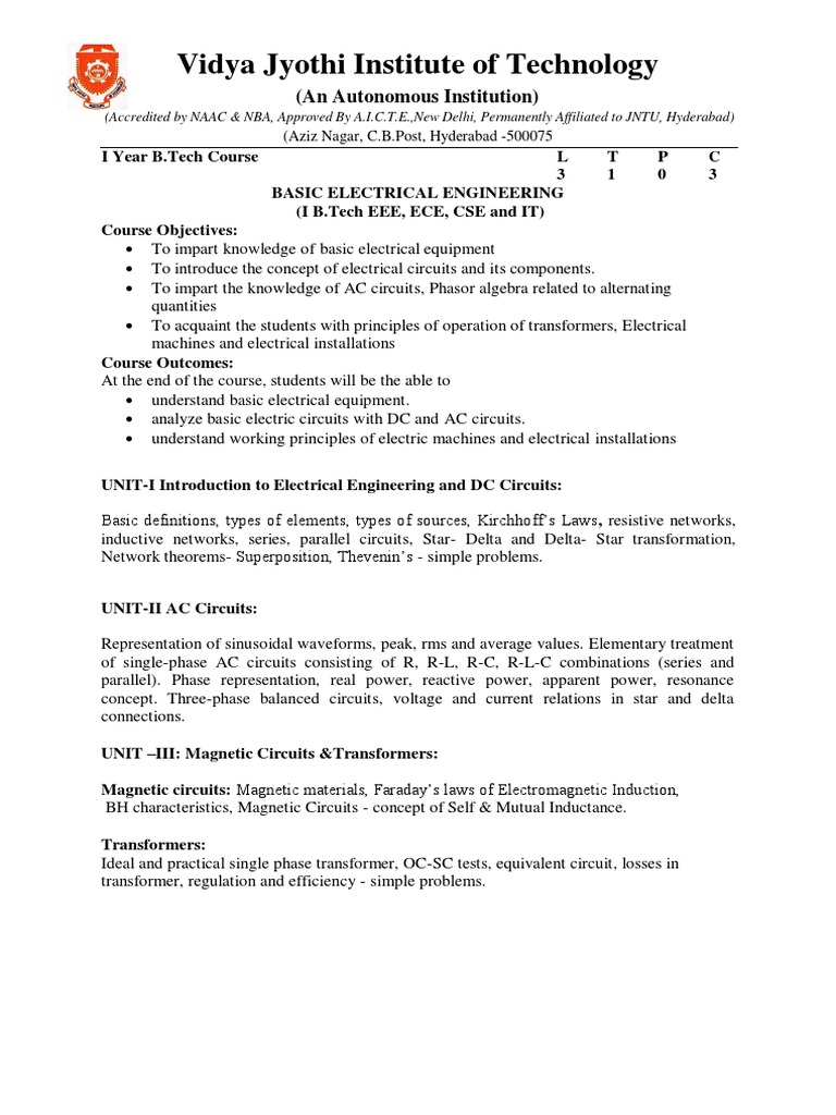 I B.Tech - BEE Theory | PDF | Electrical Network | Electric Motor