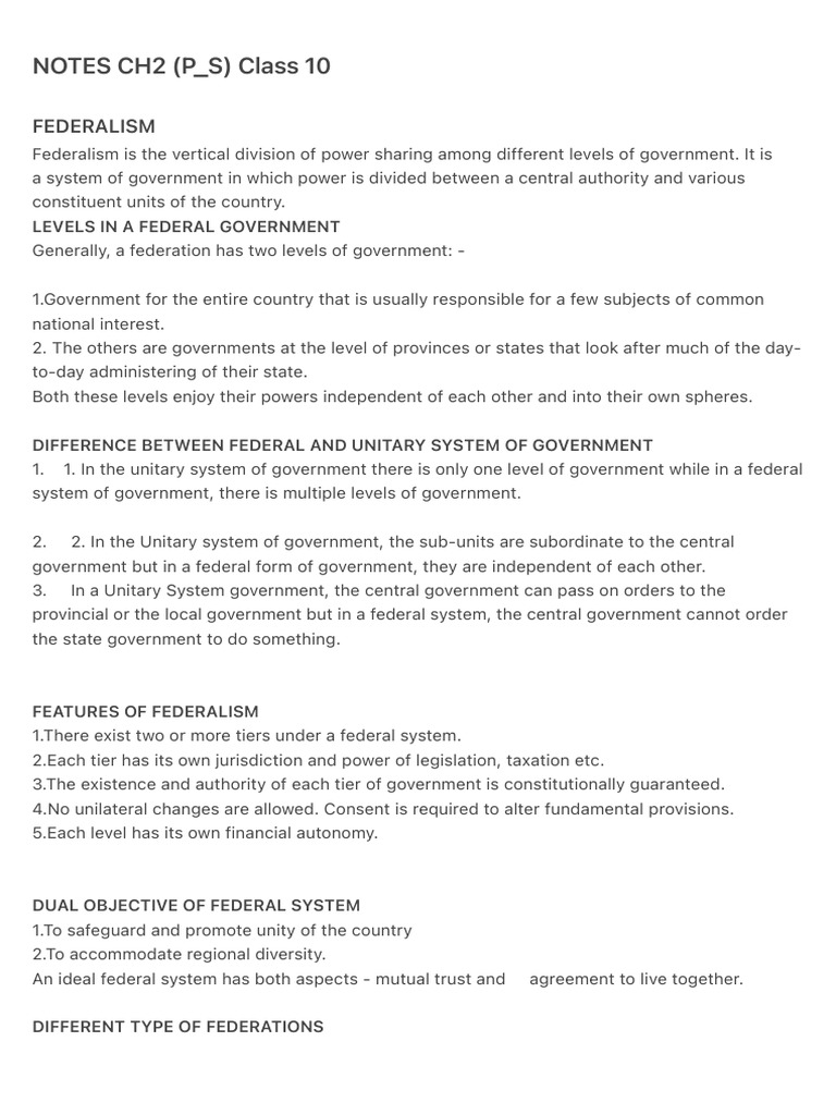 NOTES CH2 (P - S) Class 10 | PDF | Federalism | Federation