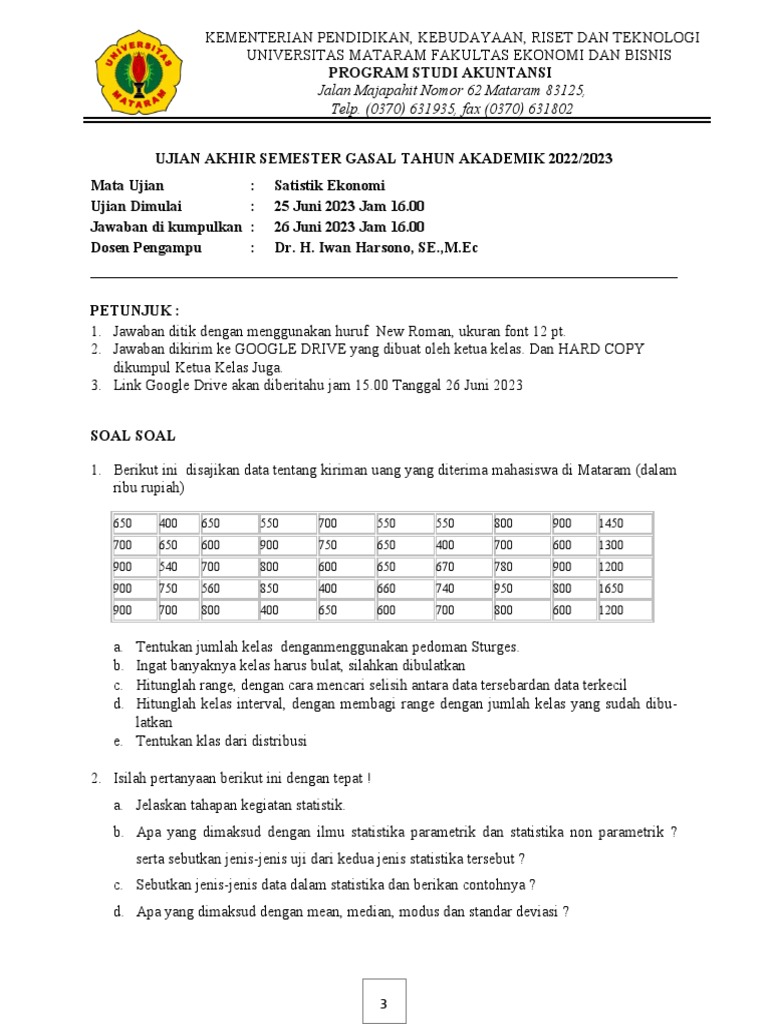 25 - Soal Uas Statistik Ekonomi Akuntansi 2023 | PDF