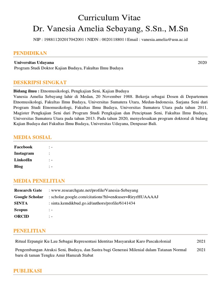 CV Dr. Vanesia Sebayang: Etnomusikologi & Kajian Budaya | PDF