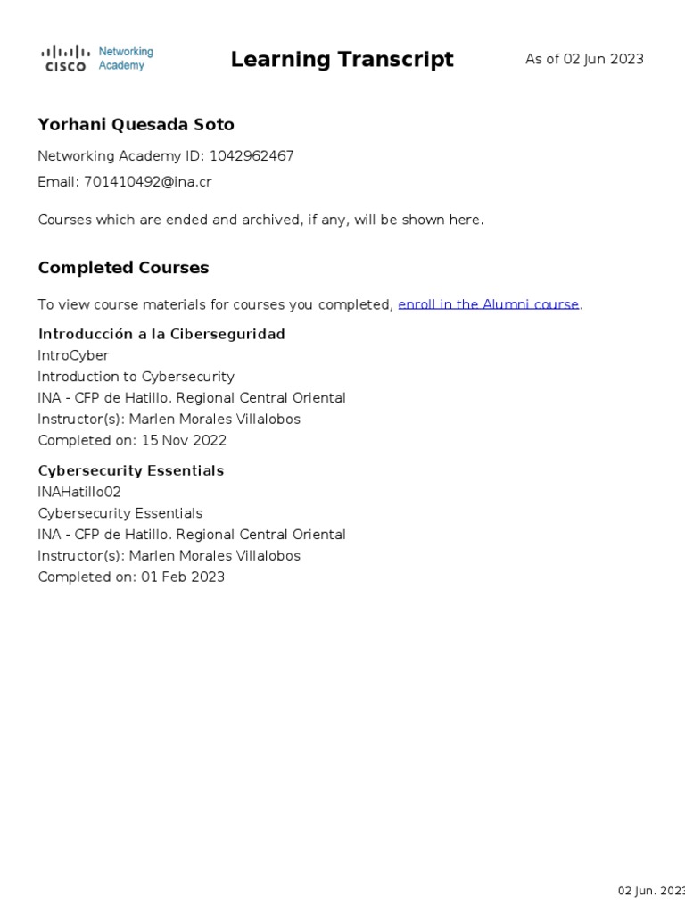 NetAcad Learning Transcript | PDF