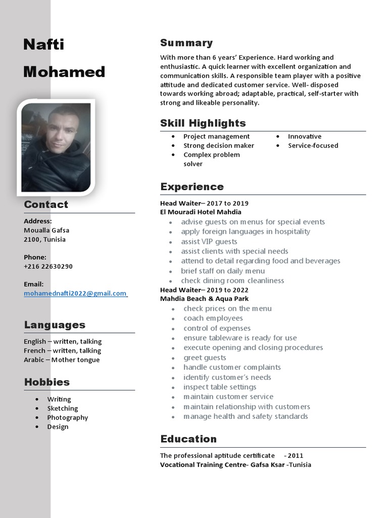 CV Anglais | PDF | Menu | Waiting Staff