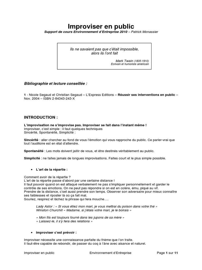 Techniques d'improvisation en public | PDF | Acteur | Théâtre
