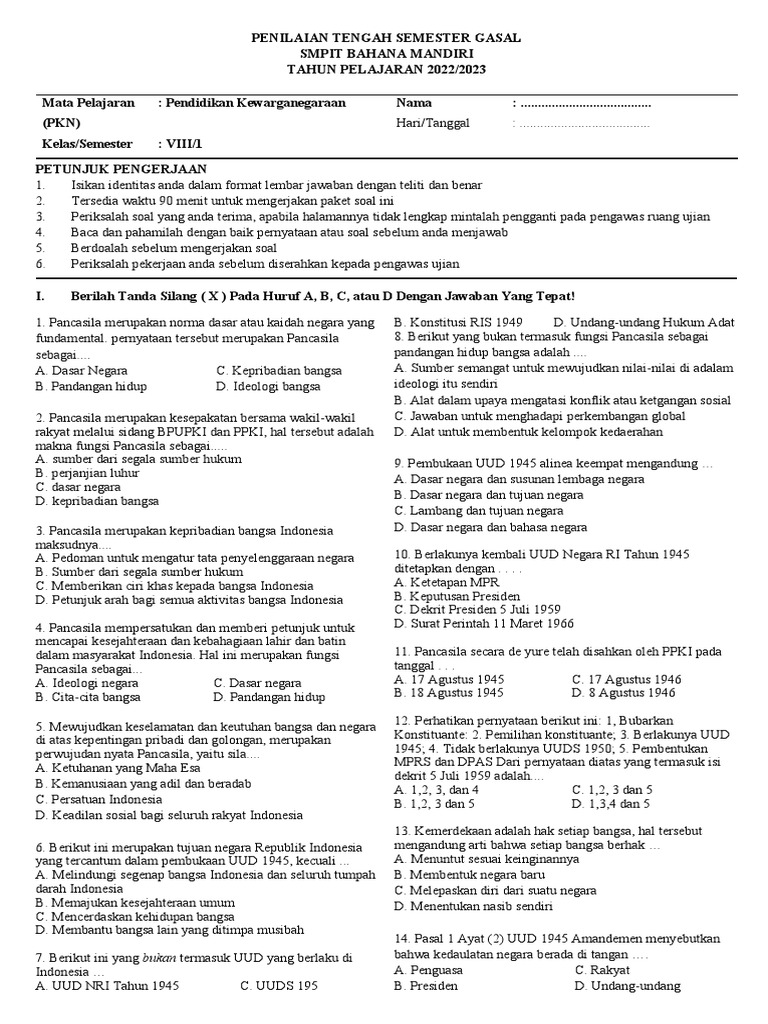 SOAL PTS PPKN 8 Sem 1 | PDF