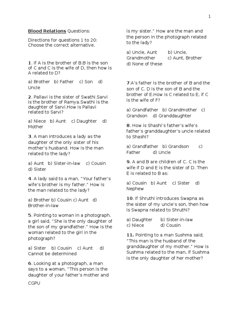 Blood Relation Questions and Answers | PDF | Interpersonal ...