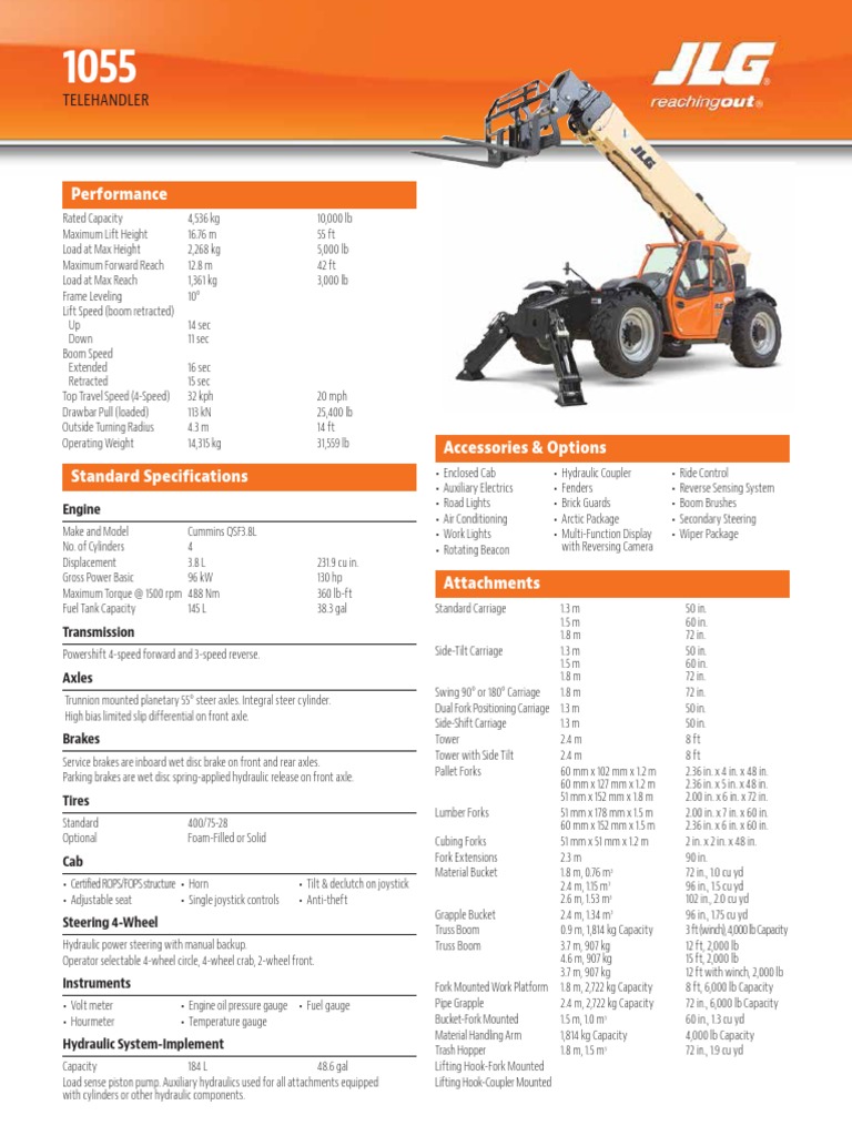 JLG 1055 Spec Sheet | PDF | Horsepower | Vehicles