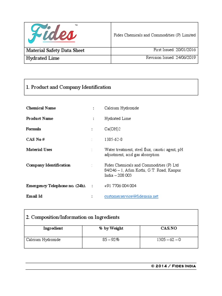 Hydrated Lime (MSDS) | PDF | Silicon Dioxide | Water