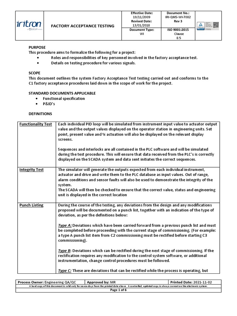 3.1 Factory Acceptance Testing | PDF | Programmable Logic Controller ...
