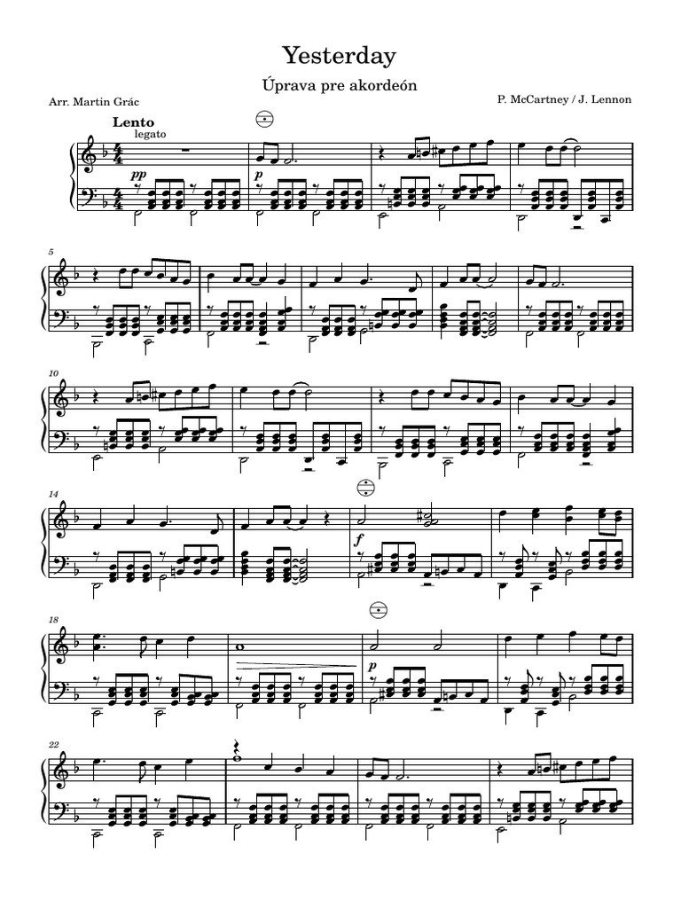 Yesterday For Accordion - J. Lennon/P. McCartney/M. Grác | Download Free PDF | The Beatles ...