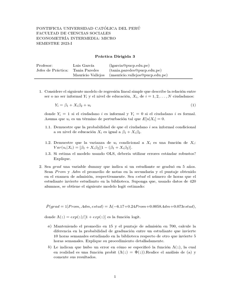 PR Ctica Dirigida 3 Econometr A Intermedia 2023I | PDF | Probabilidad | Análisis de regresión