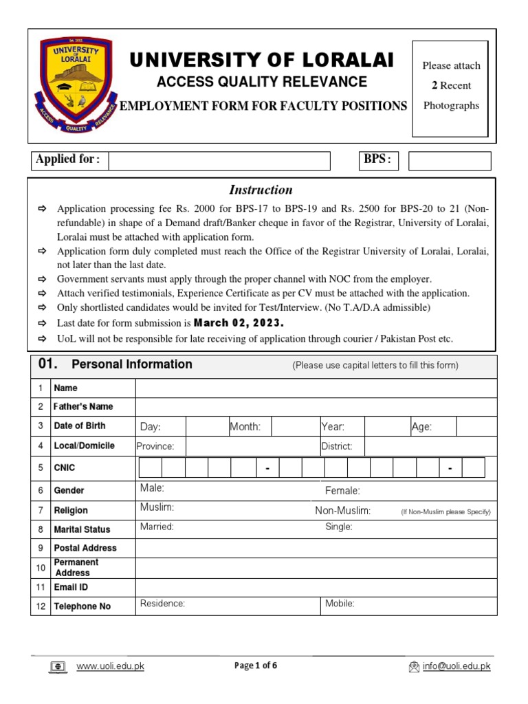 UoL Faculty Employeement Form 2023 | PDF | Bachelor's Degree