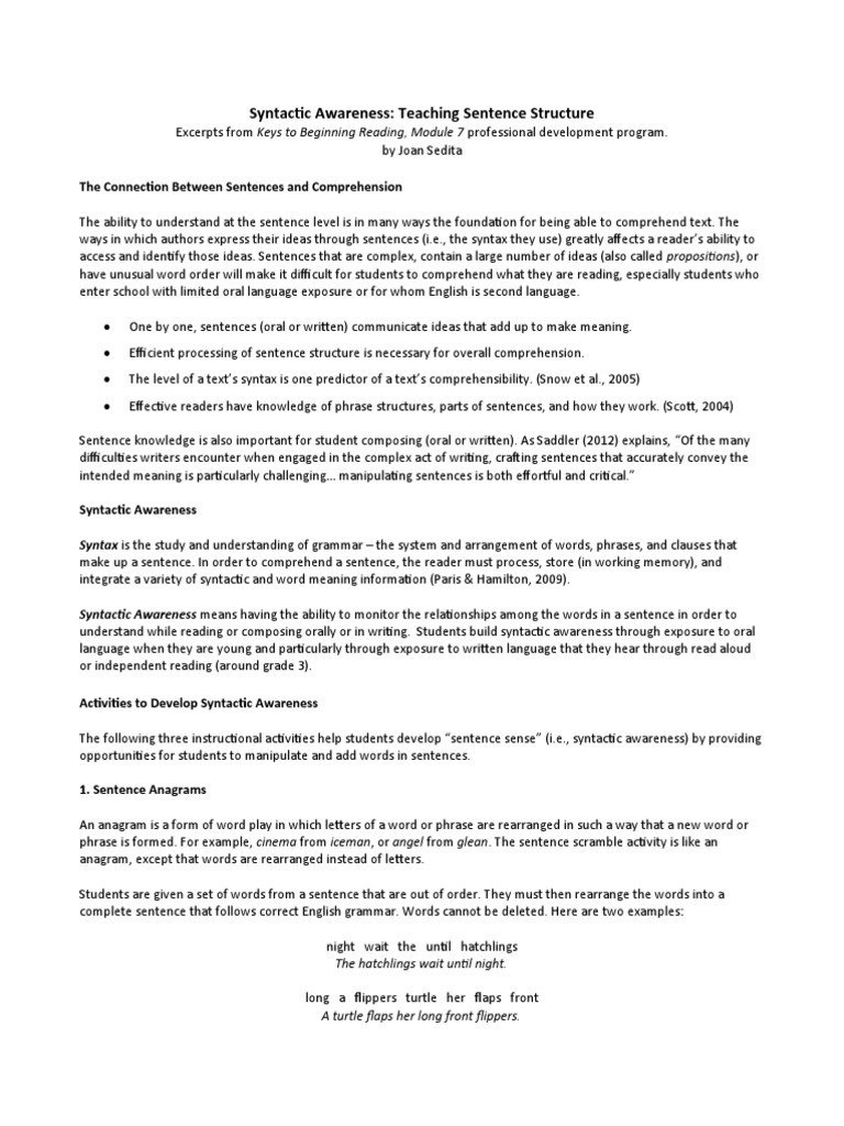 Syntactic Awareness | PDF | Sentence (Linguistics) | Syntax