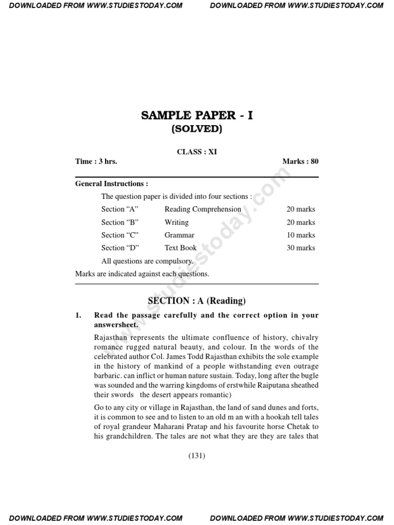 Class 11 Sample Paper with Marks | PDF