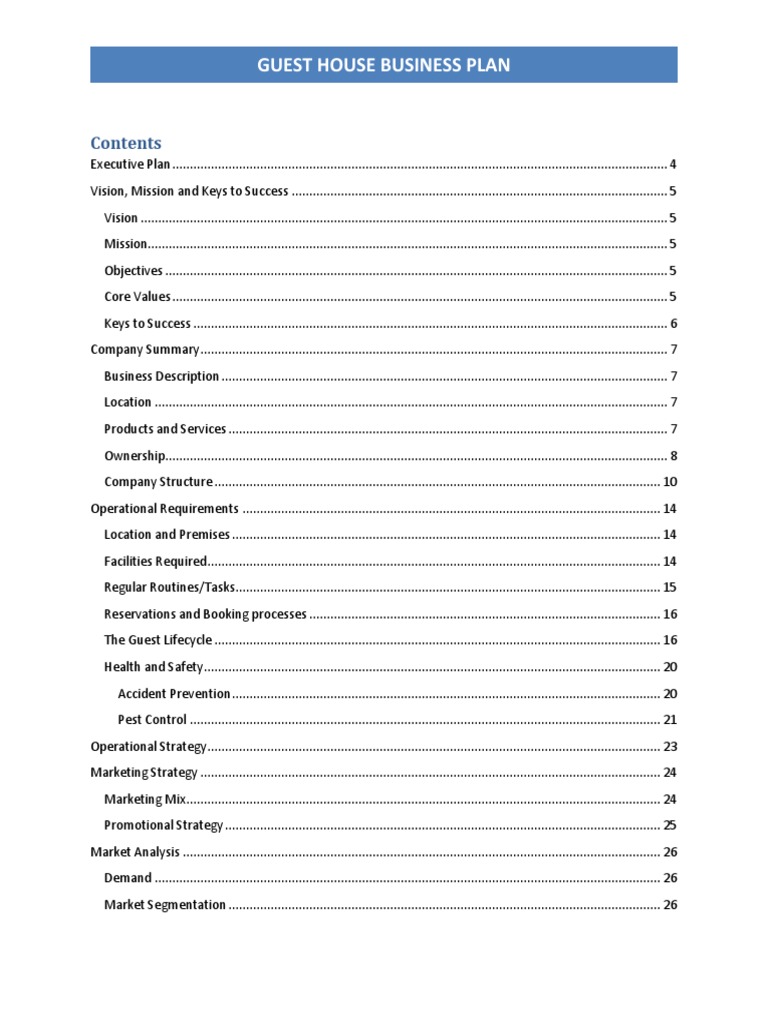 Guest House Business Plan Contents Table | PDF | Risk | Balance Sheet