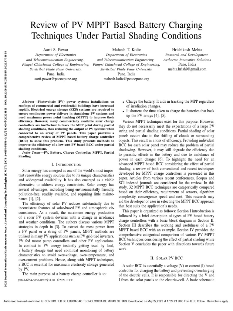 Review of PV MPPT Based Battery Charging Techniques Under Partial ...