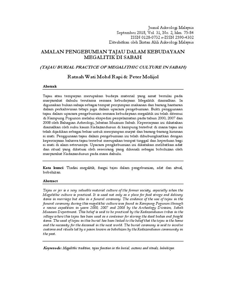 Amalan Pengebumian Tajau Dalam Kebudayaan Megalitik Di Sabah | PDF