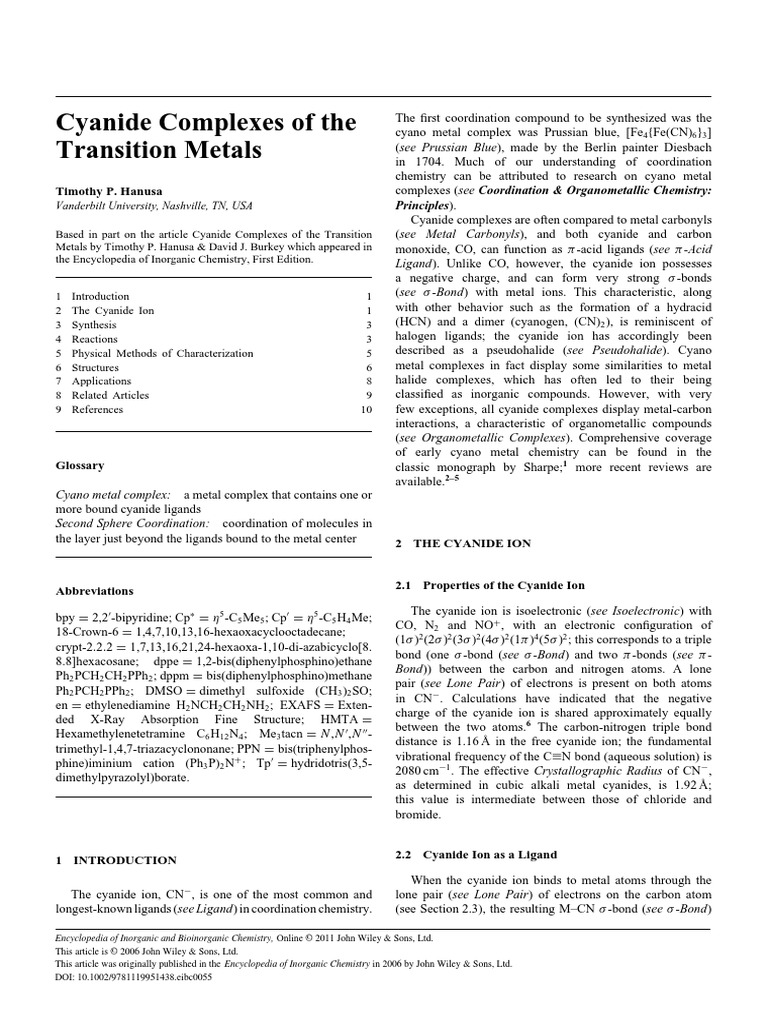 "Cyanide Complexes of The Transition Metals" In: Encyclopedia of Inorganic and Bioinorganic ...
