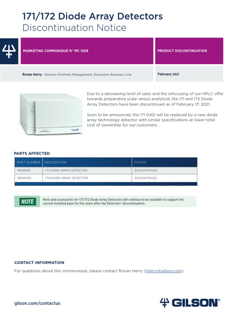 Discontinuation of 171/172 Diode Detectors | PDF