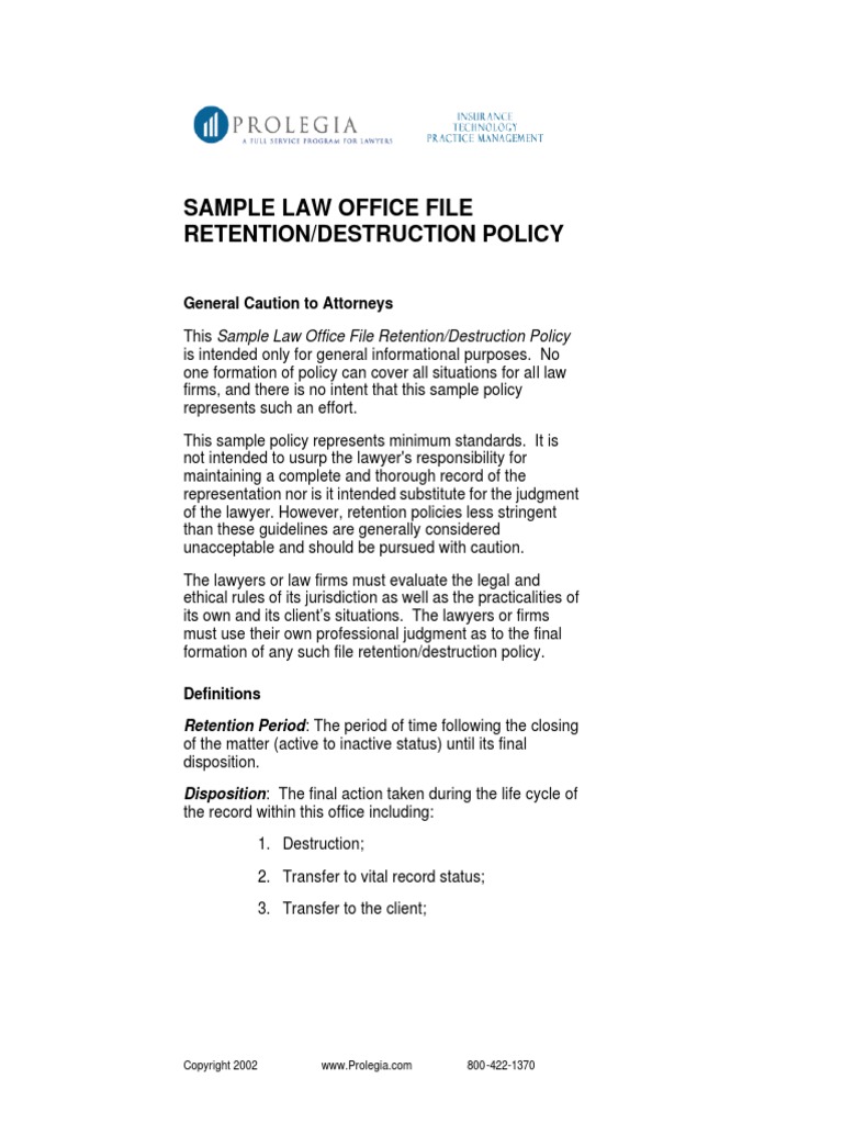 Sample Law Office File Retention - Destruction Policy | PDF | Alimony ...