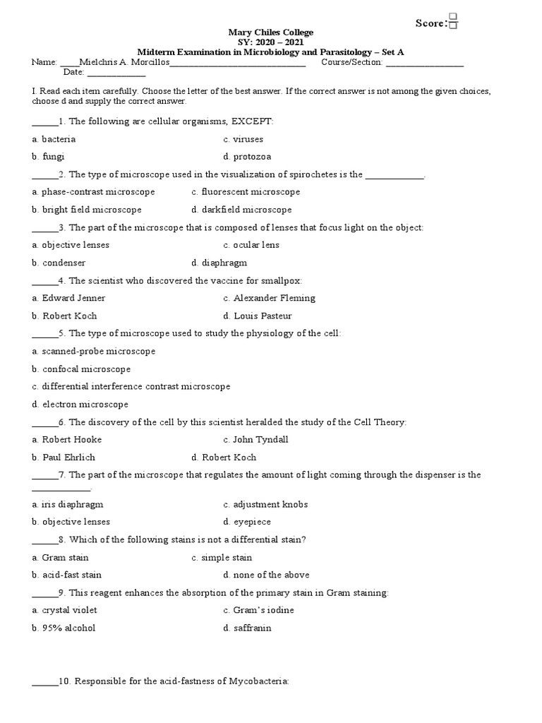 Microbiology and Parasitology Exam 2021 | PDF | Bacteria | Cell (Biology)