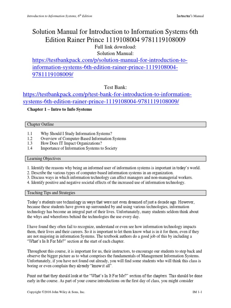 Introduction To Information Systems 6th Edition Rainer Prince Solution Manual Pdf