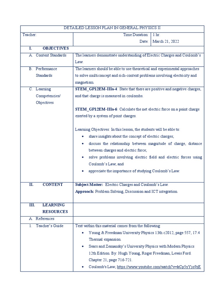 Coulomb's Law Lesson Plan for Class 12 | PDF | Electric Charge ...