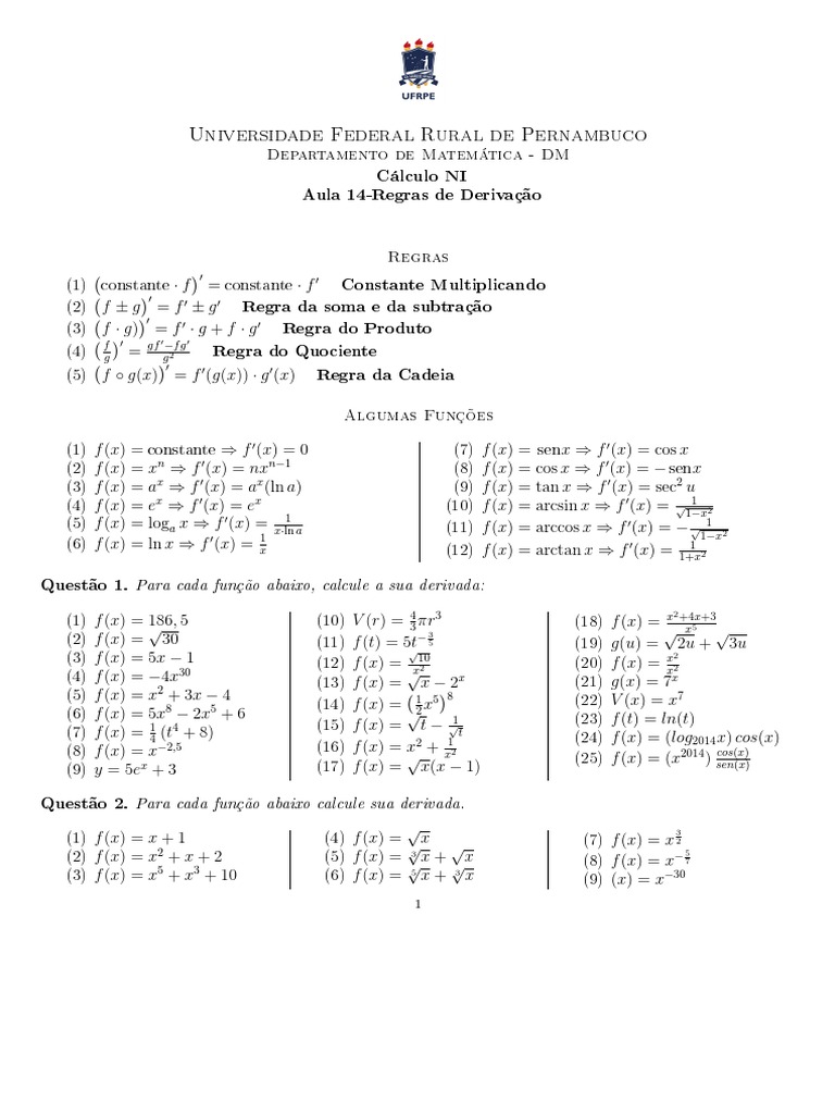 Aula 14 Regras de Derivacao | PDF | Derivado | Analise matemática