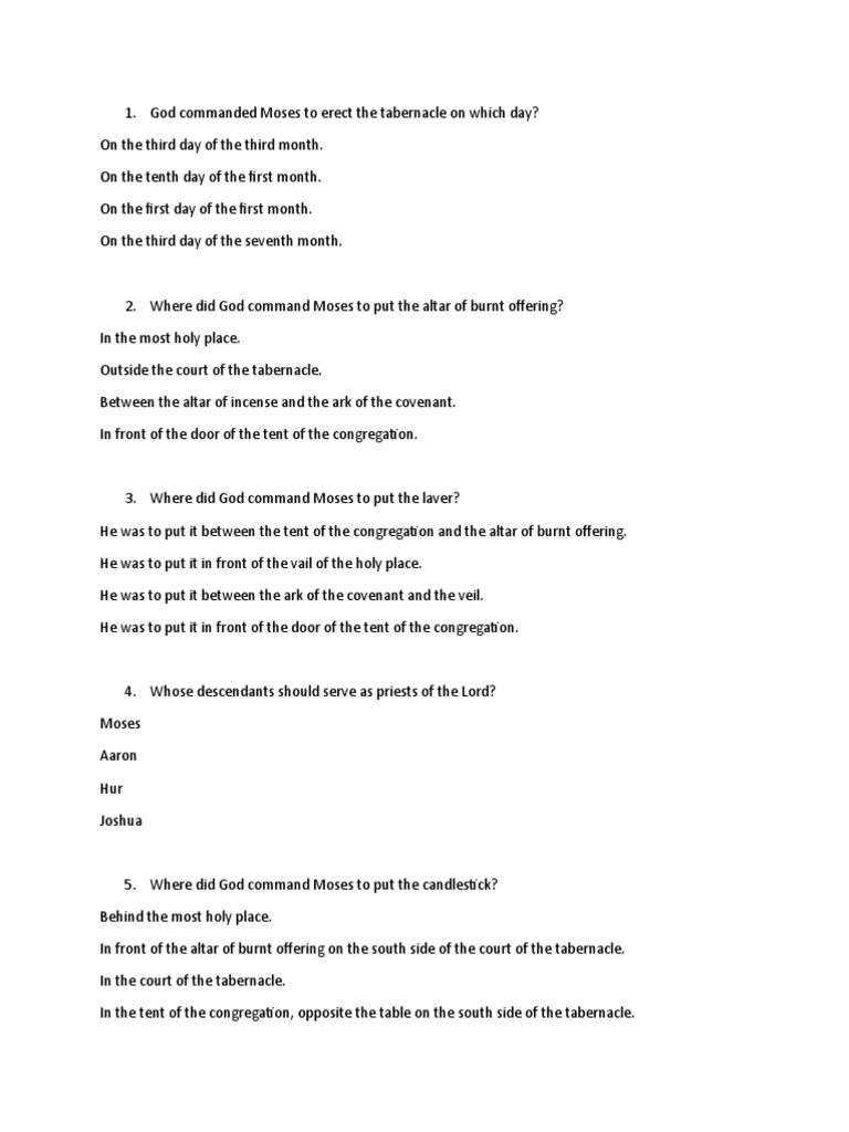 Bible Quiz | PDF | Tabernacle | Torah Books