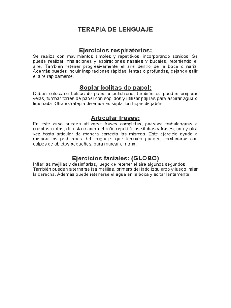 Terapia de Lenguaje Ejercicios | PDF
