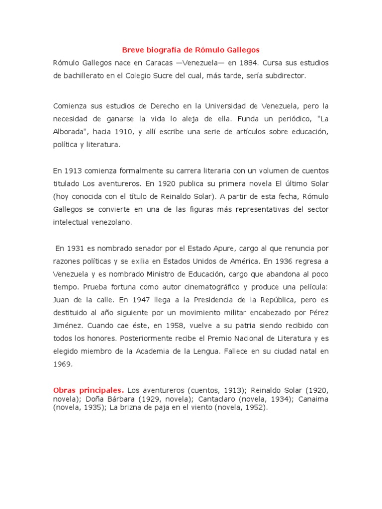 Breve biografía de Rómulo Gallegos | PDF