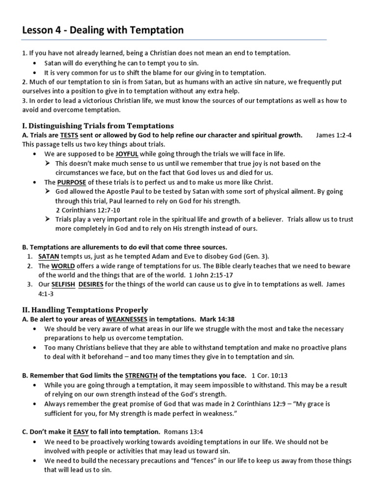 Dealing With Temptation Handout Completed | PDF | Satan | Sin