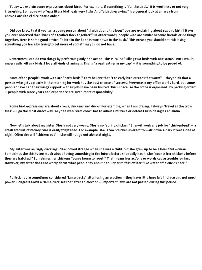 Today We Explain Some Expressions About Birds | PDF | Birds | Chicken