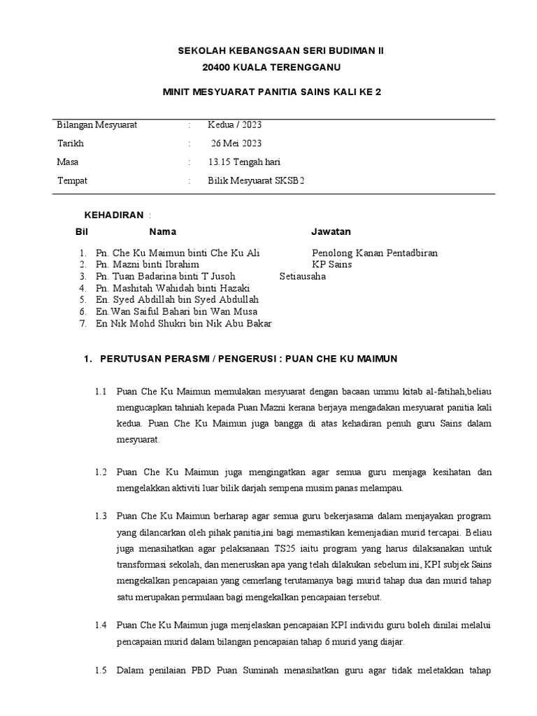 MINIT MESYUARAT PANITIA sains KALI KE-2 | PDF