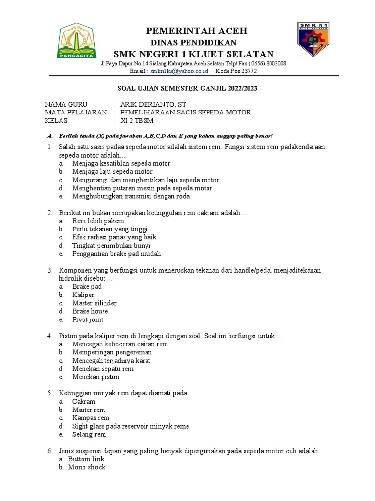 Soal Ujian Pemeliharaan Casis Sepeda Motor Kelas XI MO2 | PDF | Bisnis | Komputer