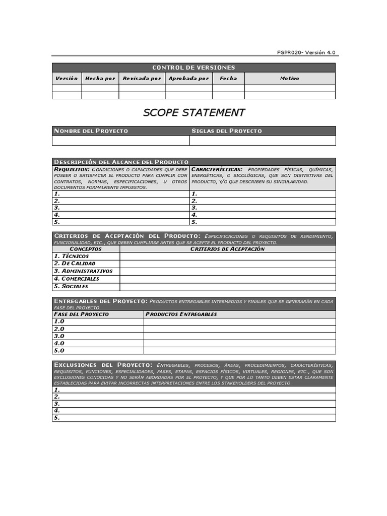 FGPR - 020 - 04 Formato de Scope Statement | Descargar gratis PDF ...