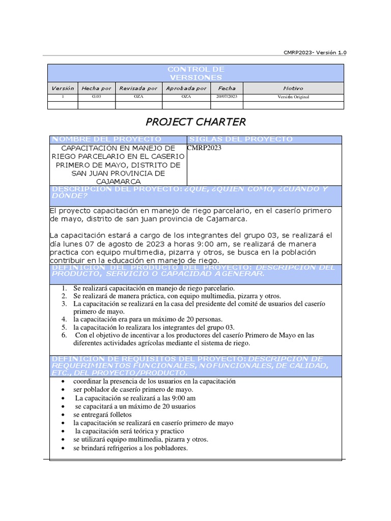 Formato de Project Charter | PDF | Riego