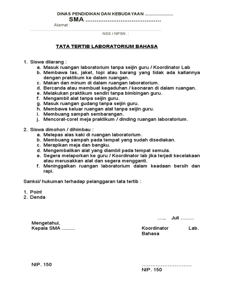 Tata Tertib Laboratorium Bahasa SMA | PDF | Kajian Bahasa Asing