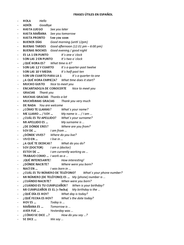 FRASES ÚTILES EN ESPAÑOL Modificado | PDF