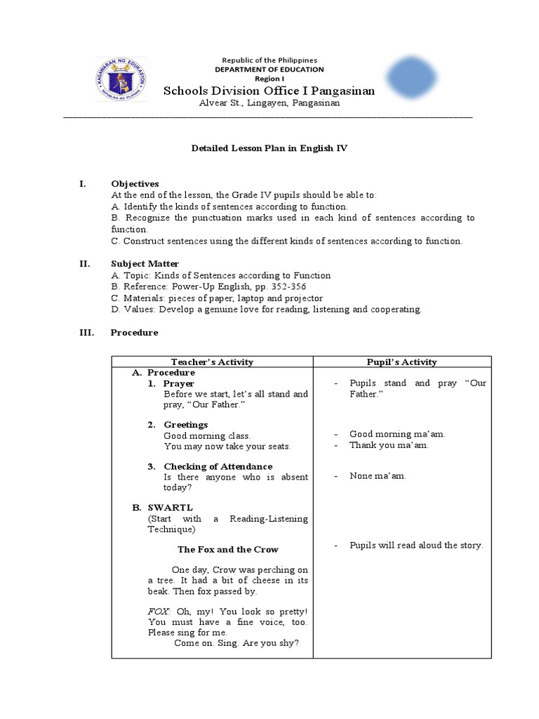 Detailed Lesson Plan in English Iv | PDF | Sentence (Linguistics ...
