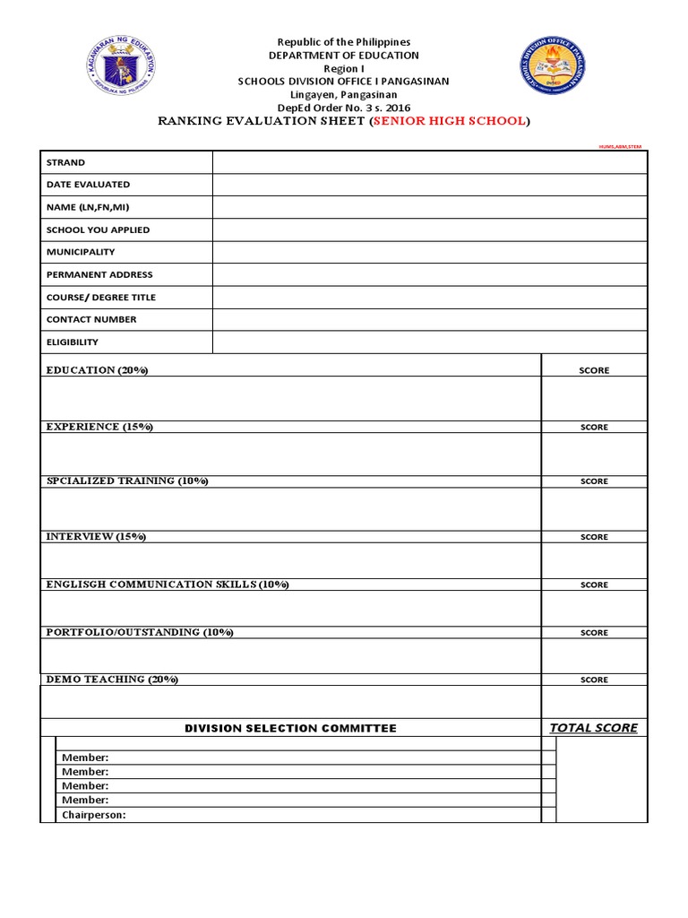 Rating Sheet - SHS Techer Applicant | PDF