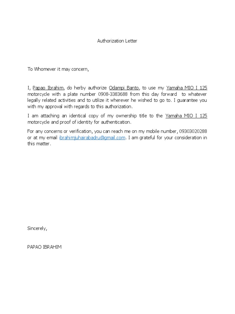 Authorization Letter for Motorcycle Use | PDF