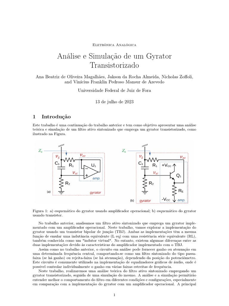 Trabalho 2 Análise e Simulação de Um Gyrator Transistorizado | PDF ...
