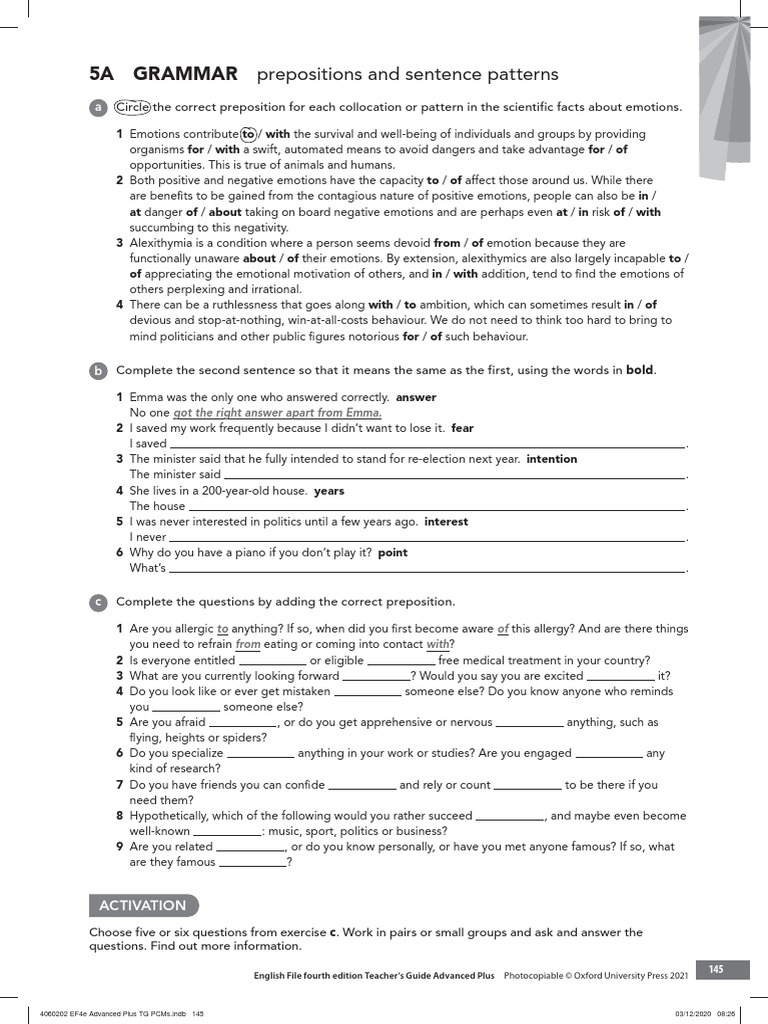 EF4e Adv Plus TG PCM Grammar 5A | PDF | Emotions | Cognition